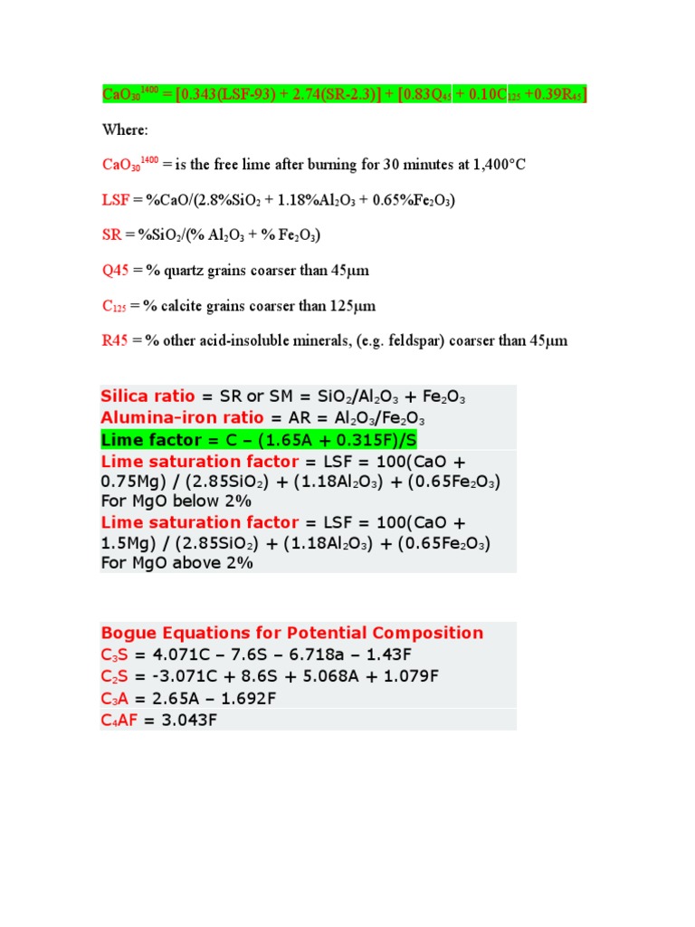 Cement Chemistry Formulas Guide | PDF