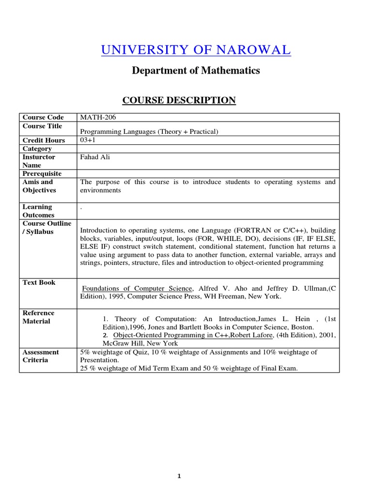 3-Sem BS Math-206 Programming Languages For Mathematicians | PDF | Programming Language ...