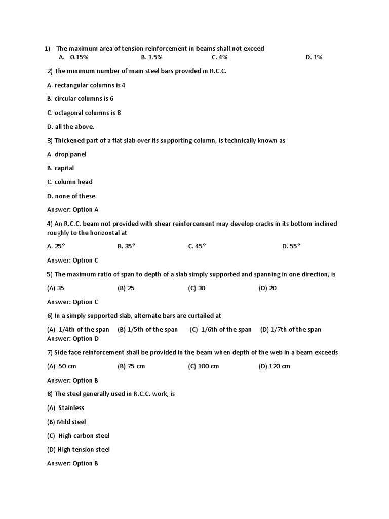 Reinforced Cement Concrete Multiple Choice Question | PDF | Column ...