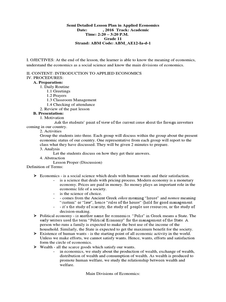Semi Detailed Lesson Plan in Applied Economics Date:, 2016 Track ...