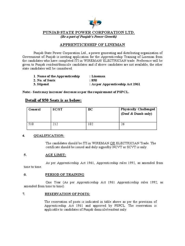 Punjab State Power Corporation Ltd. Apprenticeship of Lineman | PDF ...