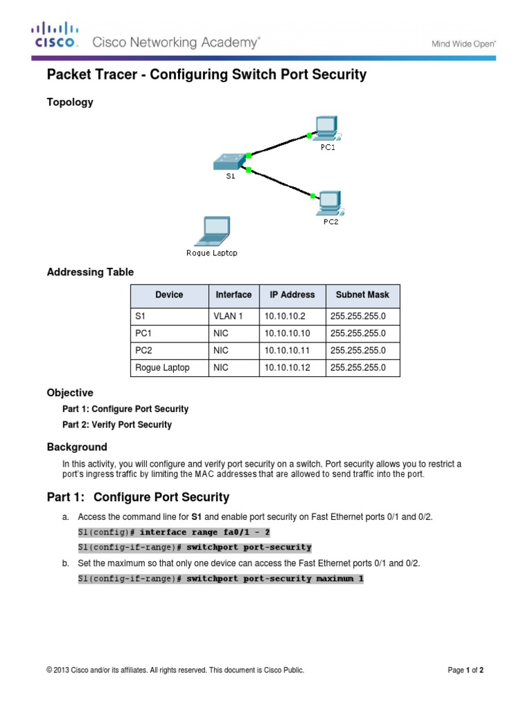 2.2.4.9 Packet Tracer - Configuring Switch Port Security Instructions - IG | PDF | Internet ...