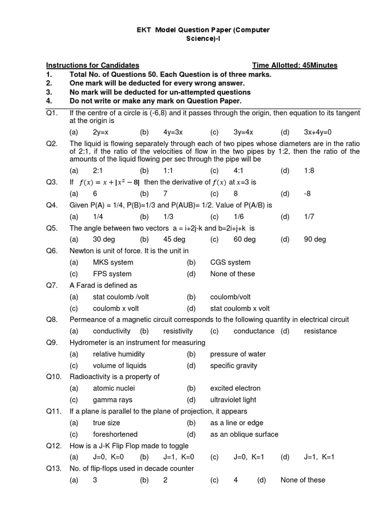 EKT Model Question Paper (Computer Science) - I To II | PDF | Computer ...