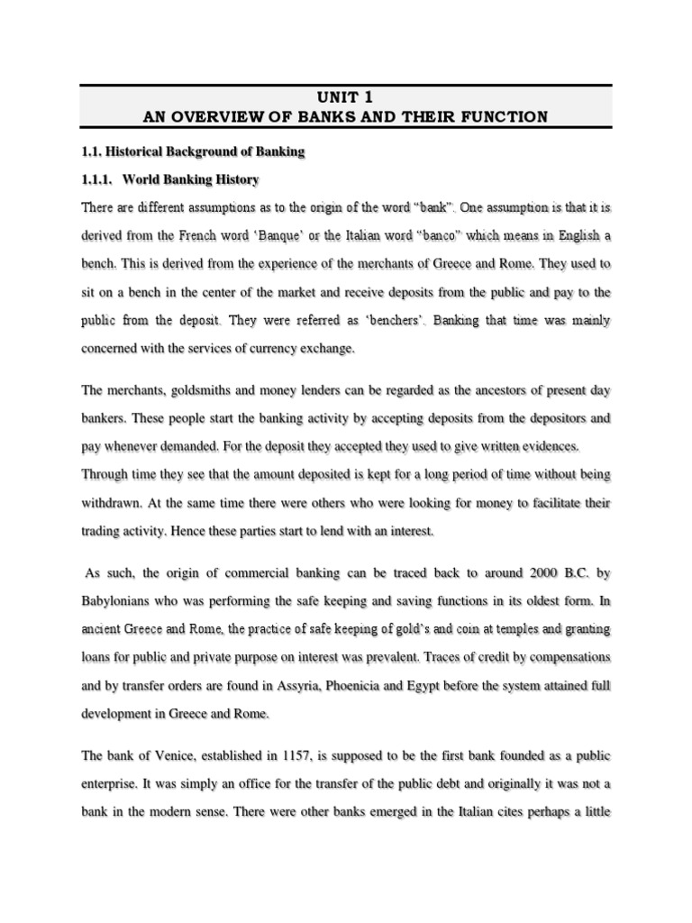 Unit 1 An Overview of Banks and Their Function: 1.1. Historical ...