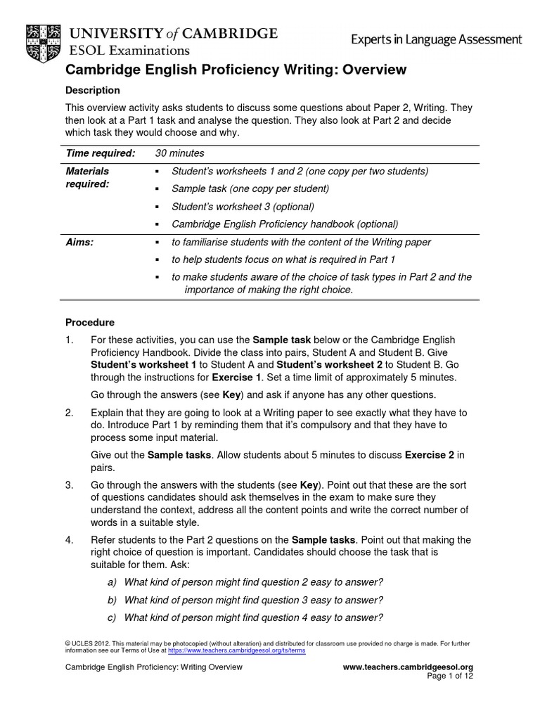 Cambridge English Proficiency Writing: Overview: Description | Download ...