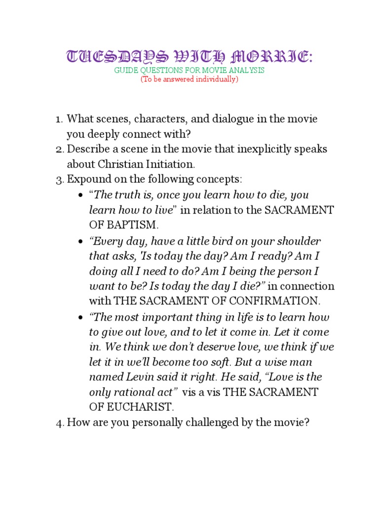 Movie Analysis Guide: Tuesdays with Morrie | PDF