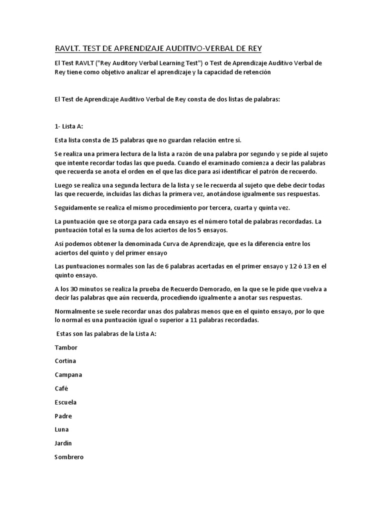 RAVLT Instrucciones | PDF | Memoria | Lectura (proceso)