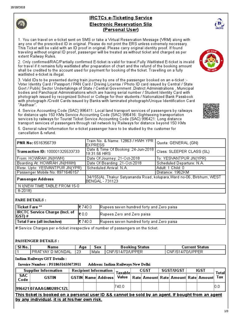 Irctcs E Ticketing Service Electronic Reservation Slip (Personal User) | PDF | Identity Document ...