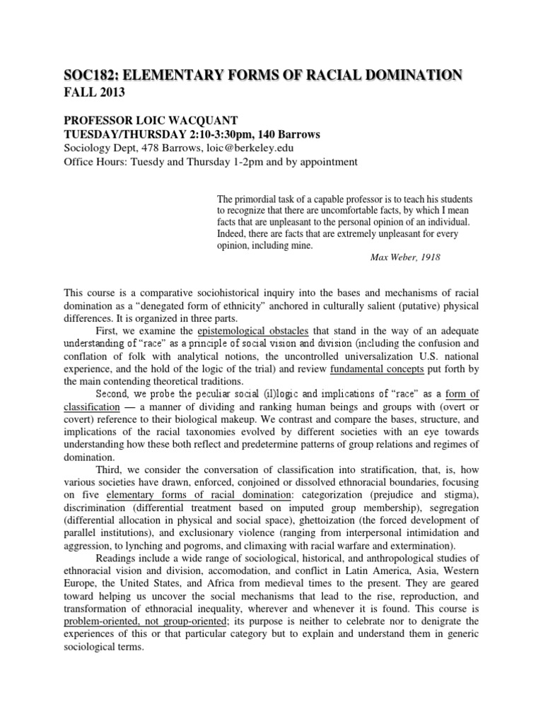Wacquant - Syllabus Racial Domination | PDF | Racism | Discrimination ...