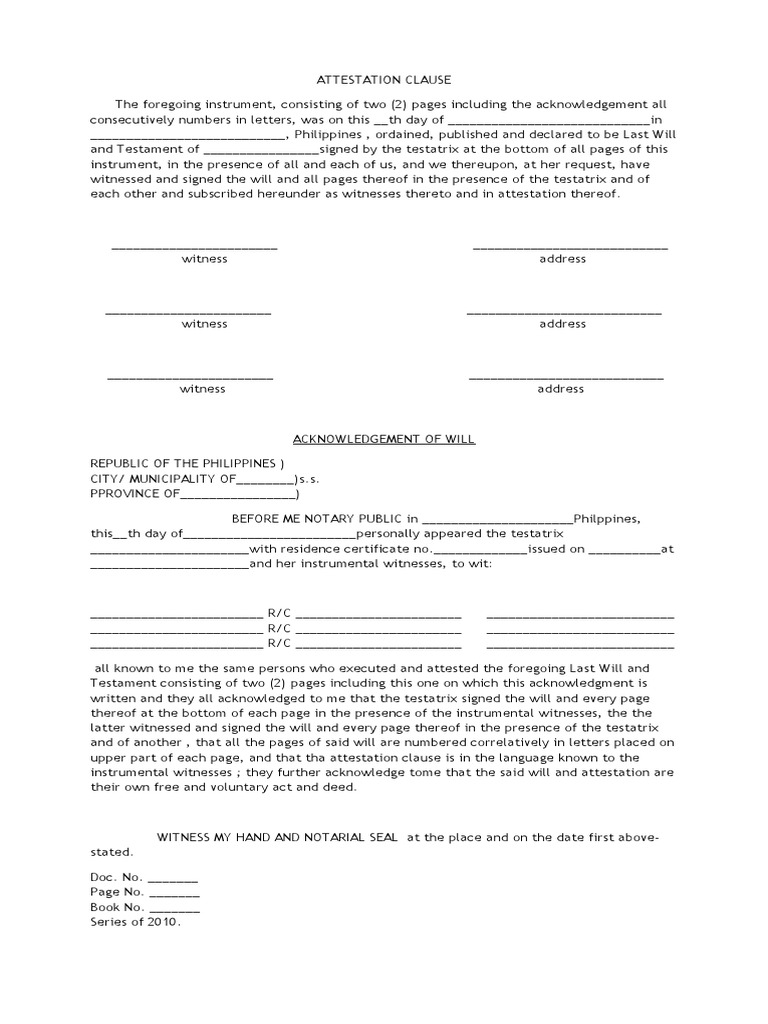 Attestation Clause | PDF | Document | Civil Law (Common Law)