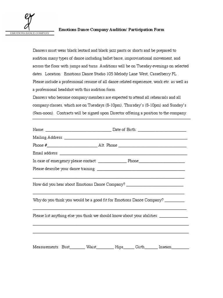 Emotions Dance Company Audition/ Participation Form | PDF | Audition ...