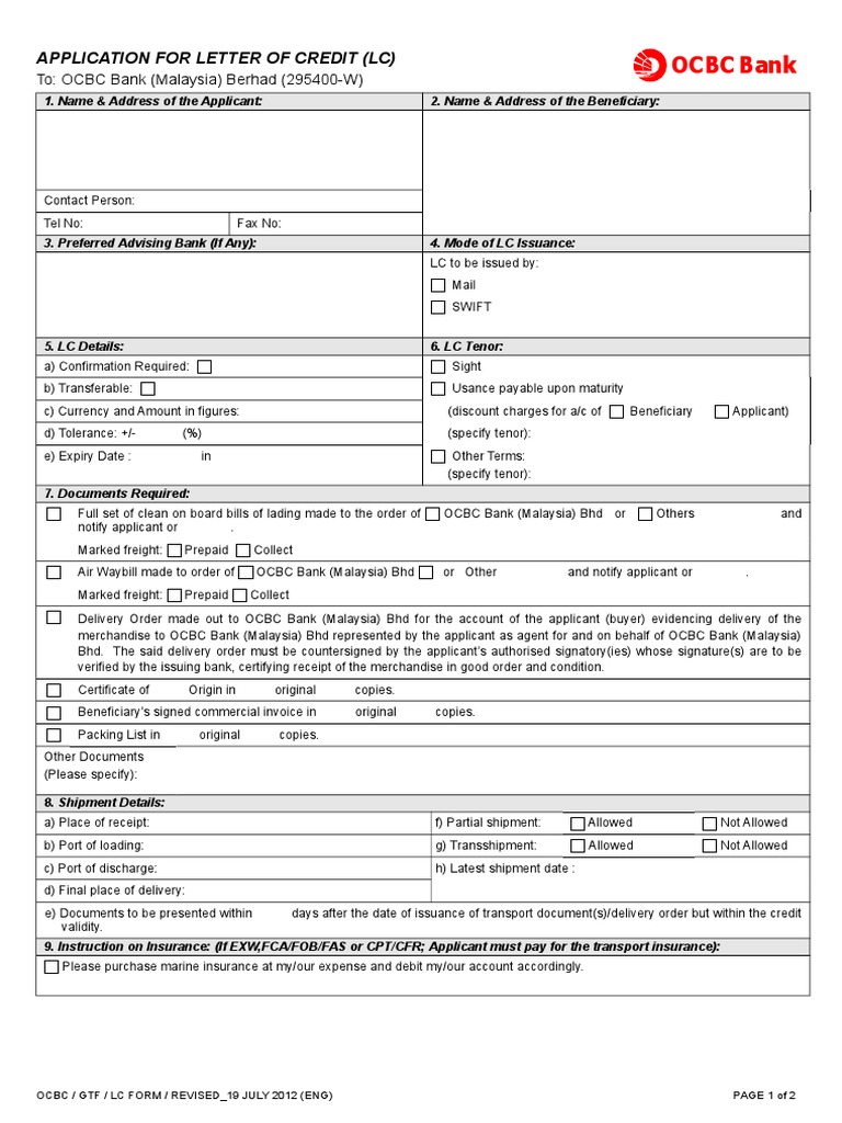 Ocbc Bank: Application For Letter of Credit (LC) | PDF | Letter Of ...
