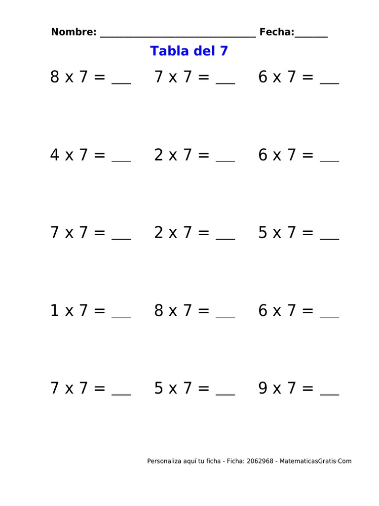Ejercicios de la Tabla del 7 | PDF