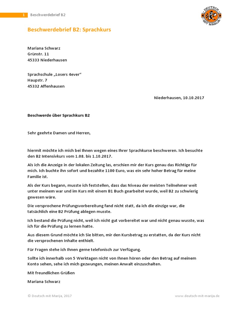 Arbeitsblatt Beschwerdebrief Sprachkurs B2 PDF | PDF