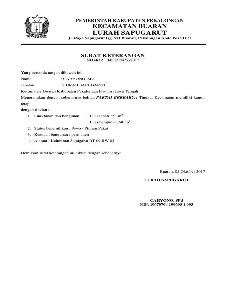 Surat Keterangan Partai Berkarya Buaran | PDF