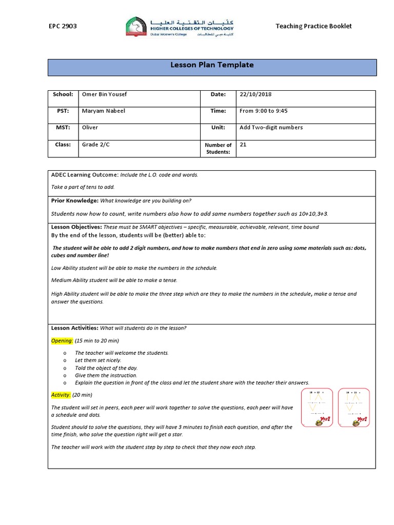 Lesson Plan Template: EPC 2903 Teaching Practice Booklet | PDF | Lesson ...