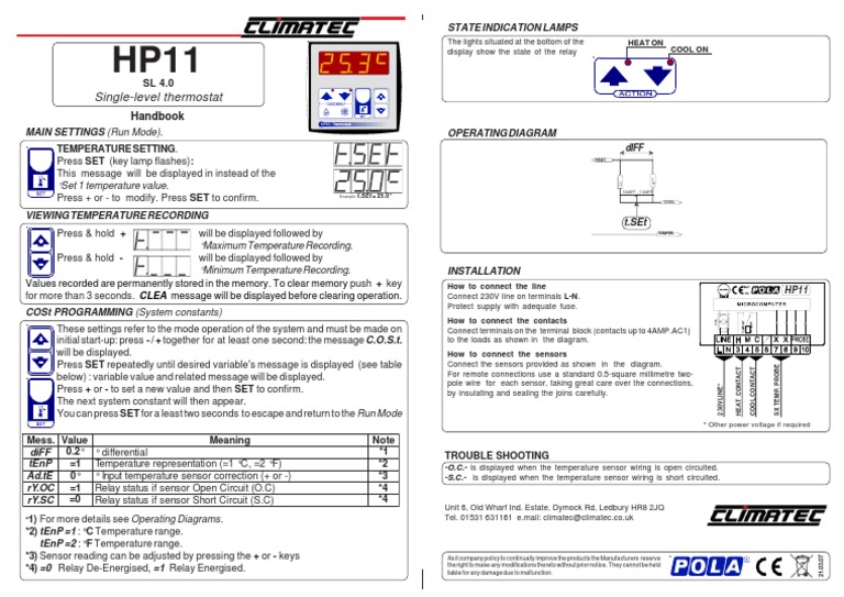 HP11 Manual 4.0 | PDF | Thermostat | Relay