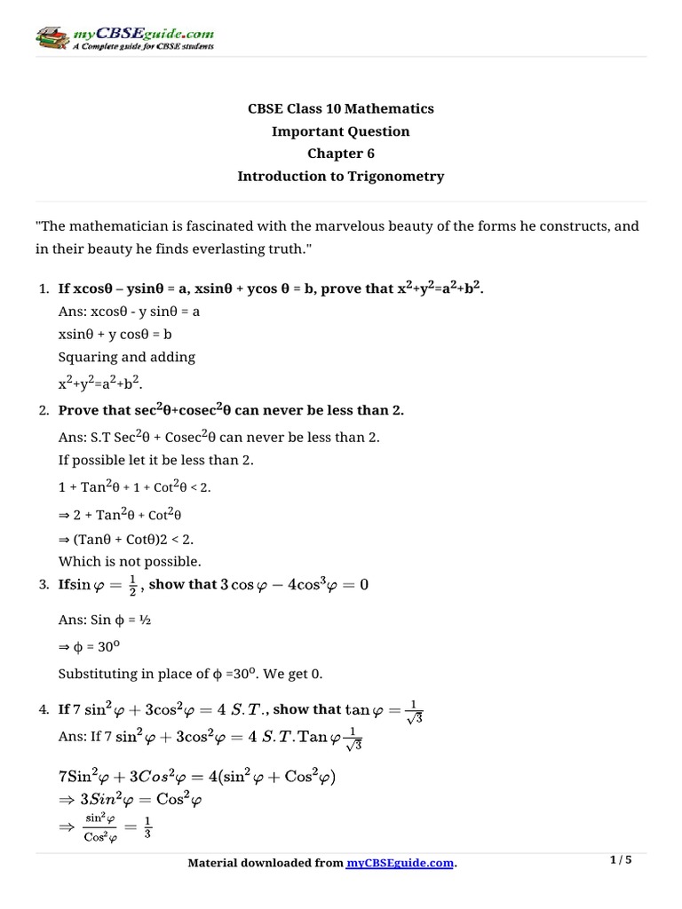 10 Math Imp Ch6 Introduction Trigonometry | PDF | Trigonometric Functions | Trigonometry
