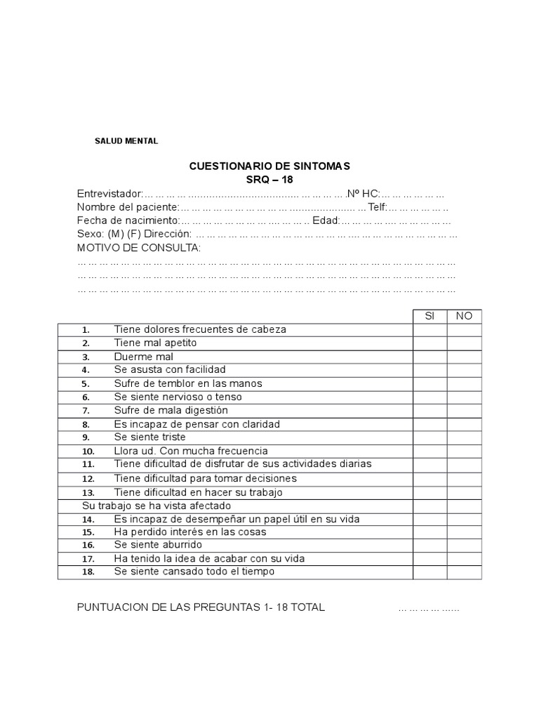 Cuestionario de Sintomas SRQ 18 | PDF | Trastornos mentales y conductuales | Trastorno mental