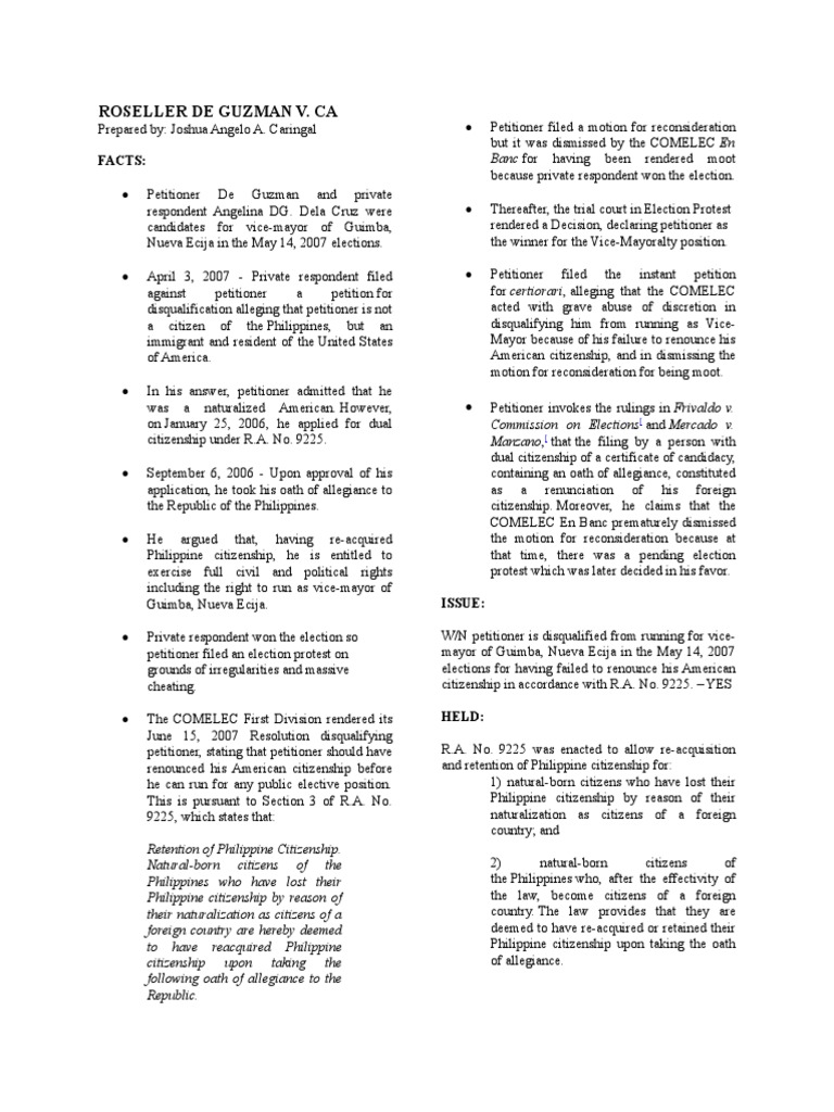 De Guzman Disqualification Case Summary | PDF | Naturalization | United ...