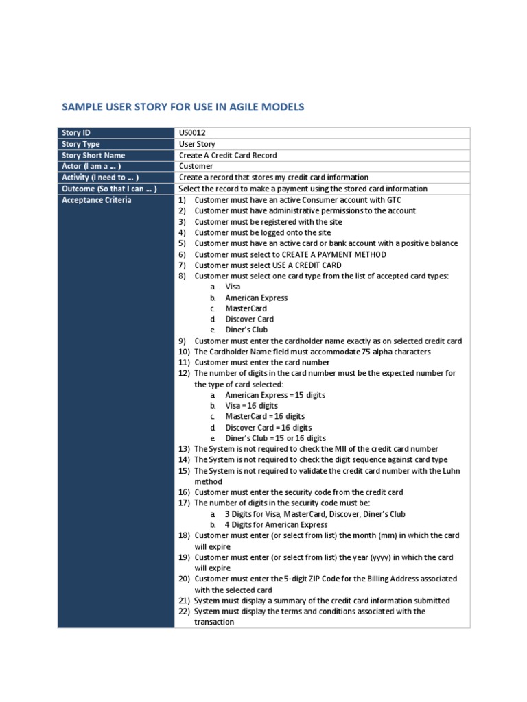 Sample User Story For Use in Agile Models | Download Free PDF | Credit ...