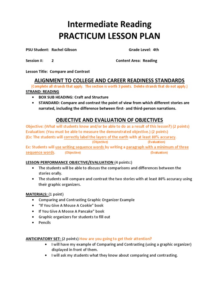 Intermediate Reading Practicum Lesson Plan: Alignment To College and ...