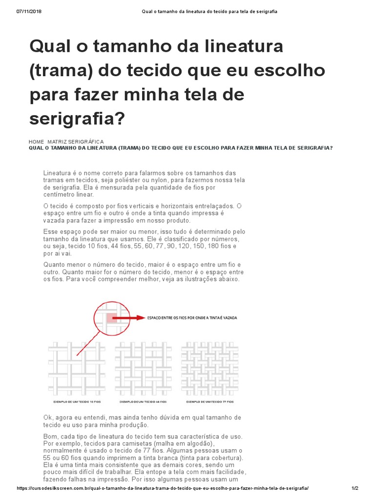 Qual o Tamanho Da Lineatura Do Tecido para Tela de Serigrafia | PDF ...