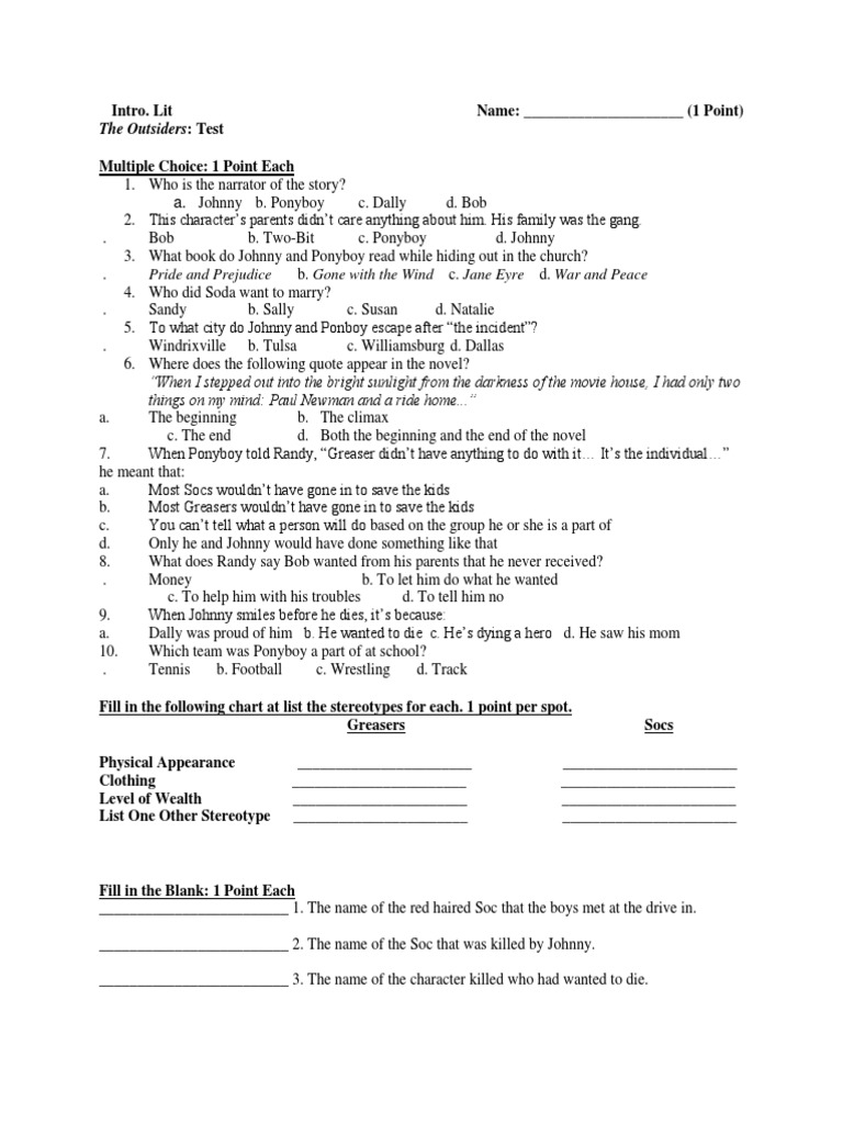 The Outsiders - Final Assessment | PDF | Novels