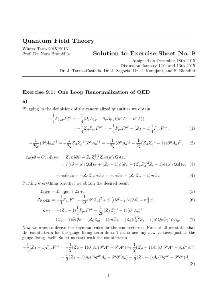 Quantum Field Theory Solution To Exercise Sheet No. 9: Exercise 9.1: One Loop Renormalization of ...