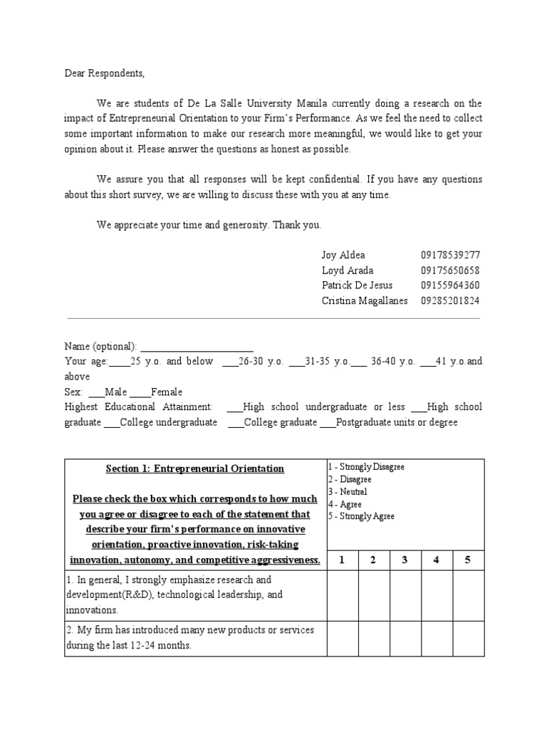 THESIS QUESTIONNAIRE PDF | PDF | Entrepreneurship | Business