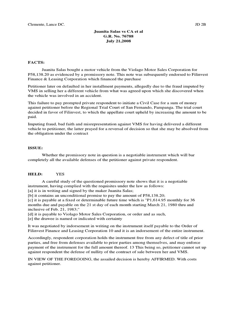 Juanita Salas Vs Court of Appeals (Negotiable Instruments Law) | PDF ...