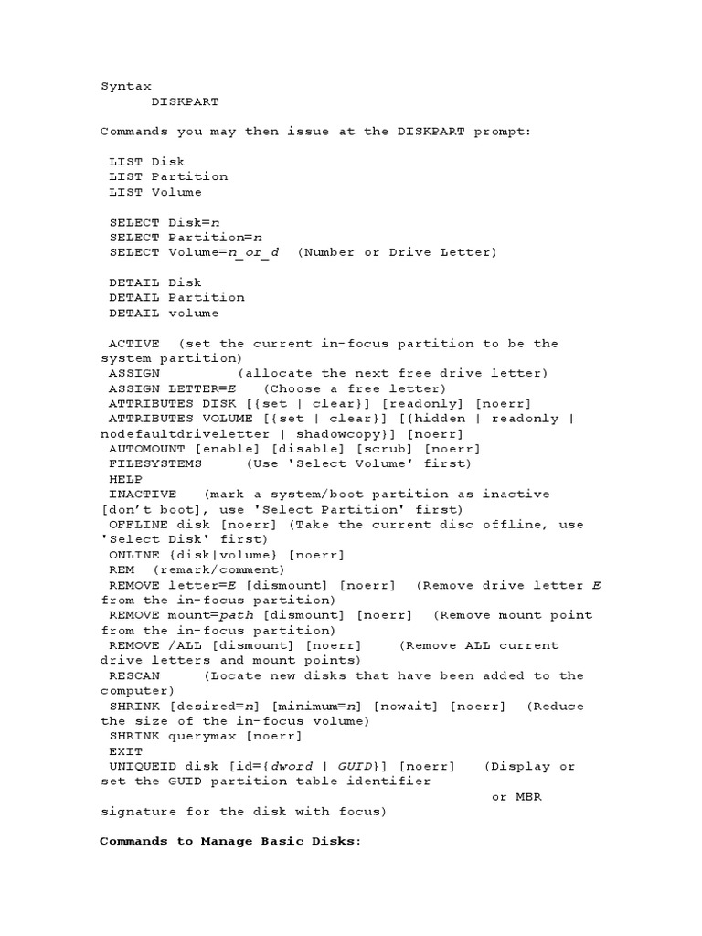 Commands To Manage Basic Disks | PDF | Ibm Pc Compatibles | System Software