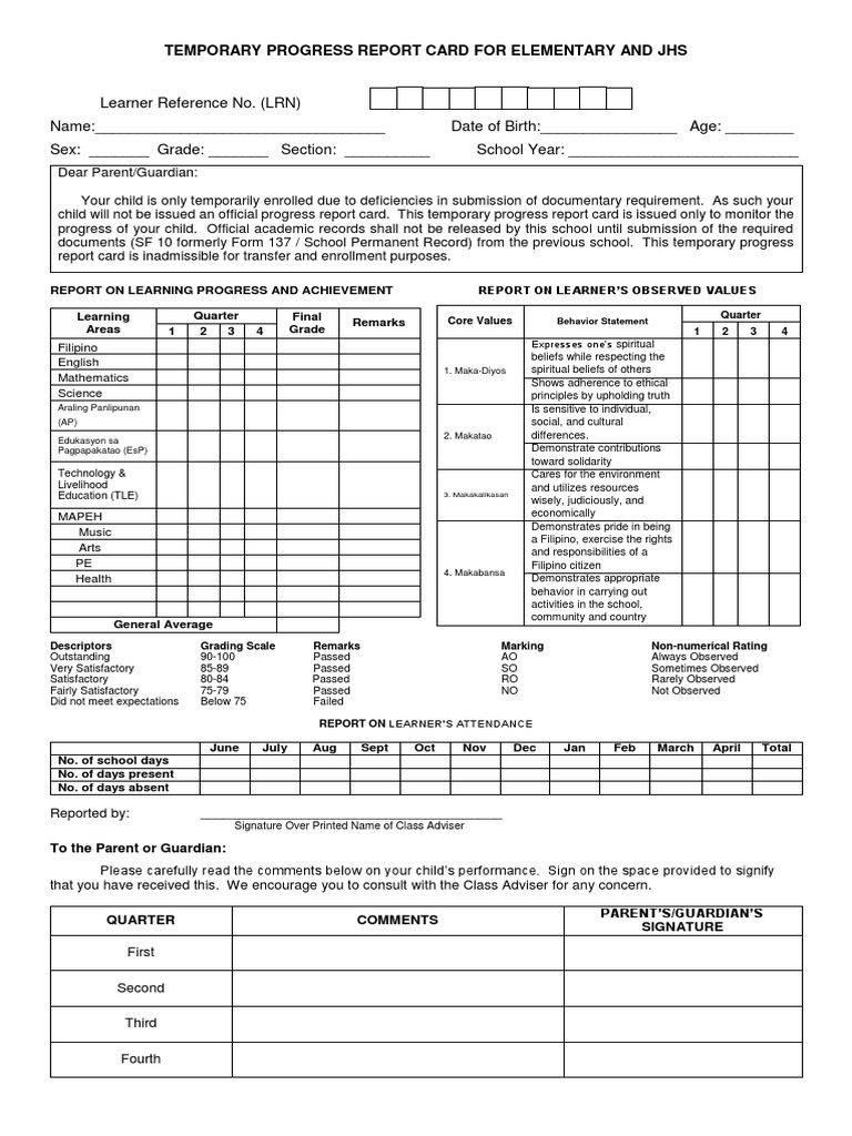 Temporary Progress Report Card for Elementary and Jhs 2 | Learning ...