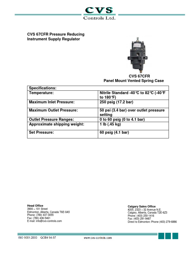 CVS 67CFR Pressure Regulator Specs | PDF | Technology & Engineering
