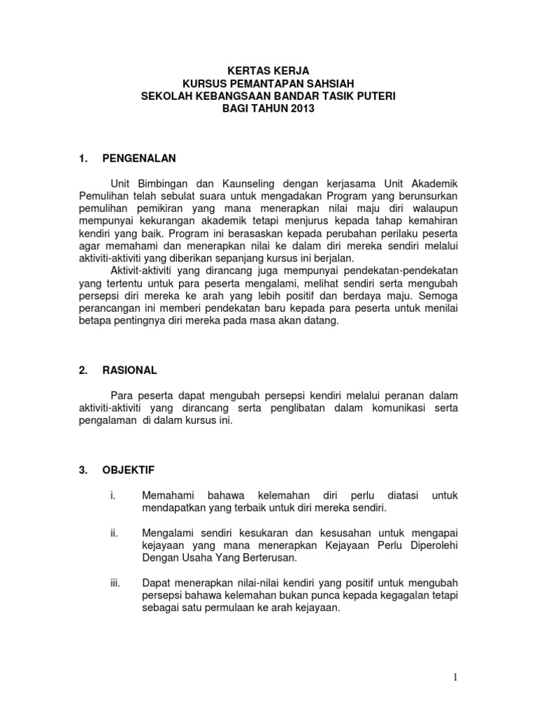 Kertas Kerja Kursus Pemantapan Sahsiah SKBTP 2013 | PDF