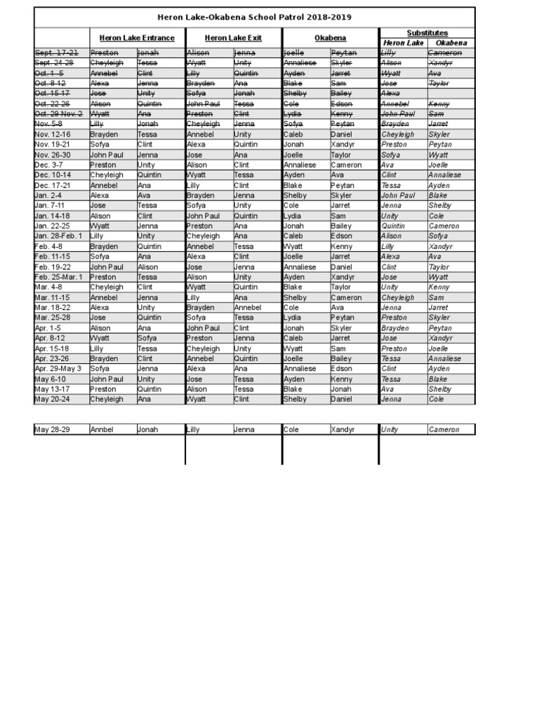 School Patrol Schedule 2018-19 | PDF