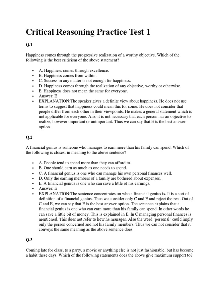 Critical Reasoning Practice Test (LSAT) | PDF | Fairy Tales | Sunglasses