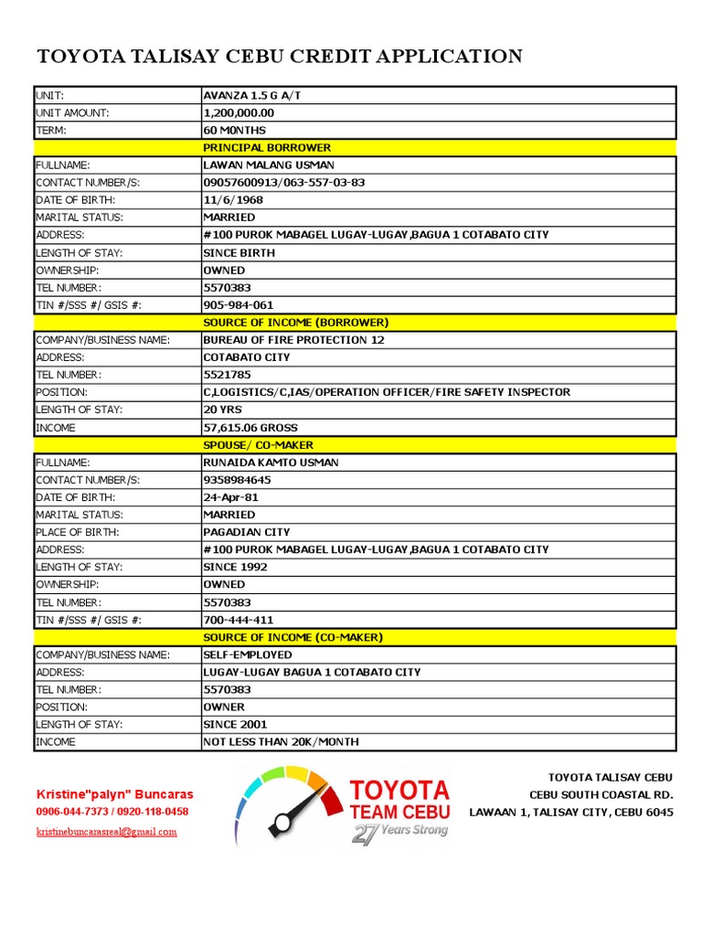 Toyota Talisay Cebu Credit Applications | PDF | Business