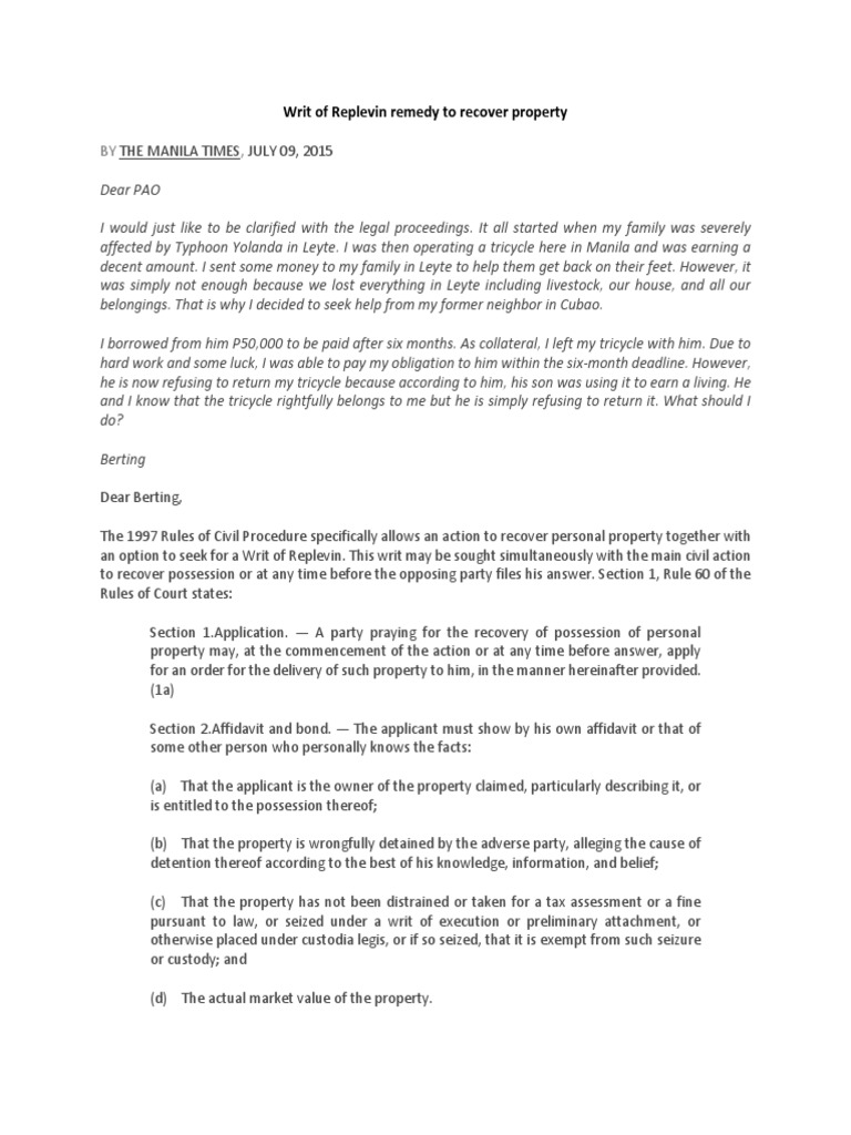 Writ of Replevin for Property Recovery | PDF | Private Law | Common Law