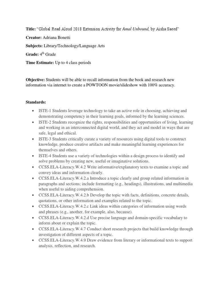 Amal Unbound Lesson Plan | PDF | Reading Comprehension | Information