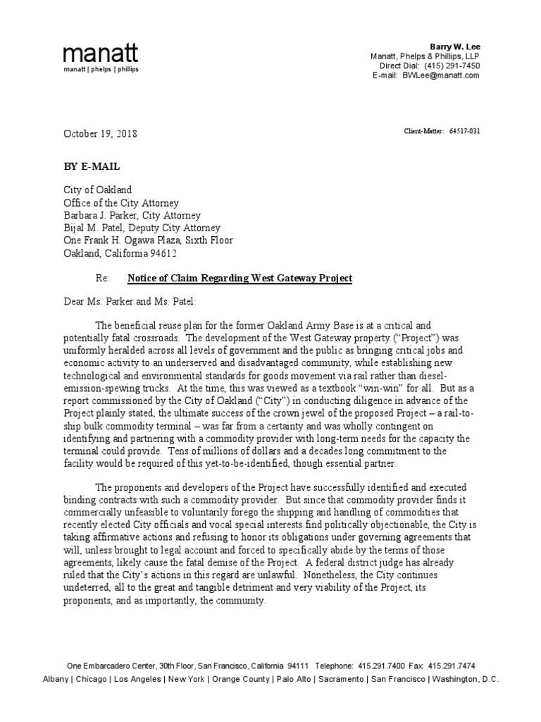 Omnibus Letter to Oakland | Lease | Federal Preemption