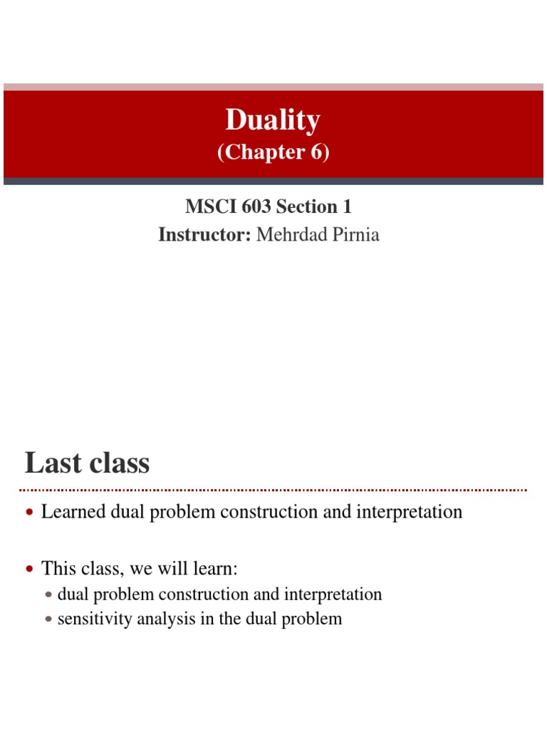 MSCI603 F2018 05 - Duality | PDF | Mathematical Optimization | Systems Analysis