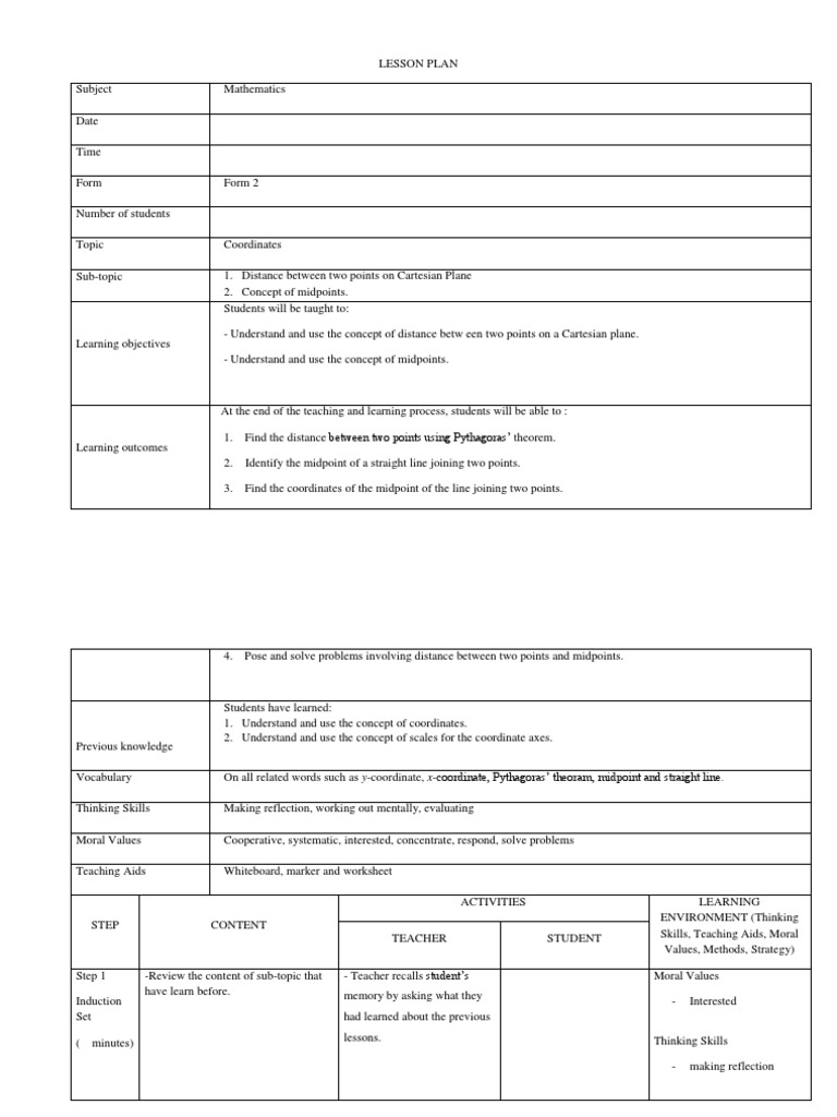 LESSON PLAN Coordinate | PDF | Lesson Plan | Learning
