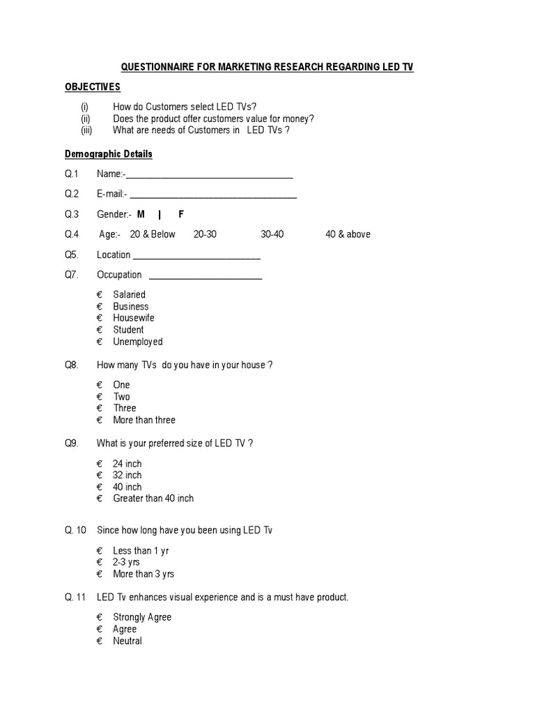 Questionnaire For Marketing Research Regarding Led TV Objectives | PDF ...