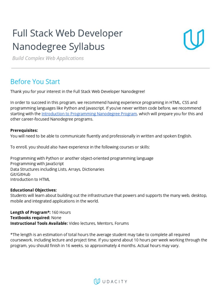 Full Stack Web Developer Nanodegree Syllabus: Before You Start | PDF | Application Programming ...