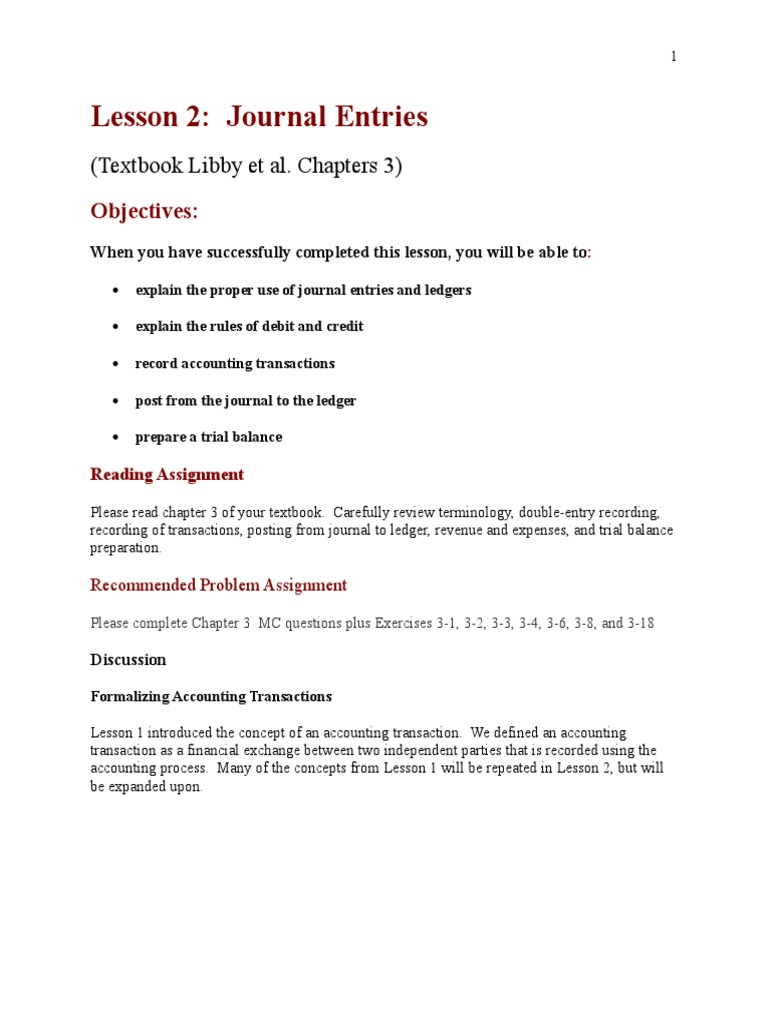 Lesson 2. Chapter 3. Journal Entries and Prepare Trial Balance | PDF ...