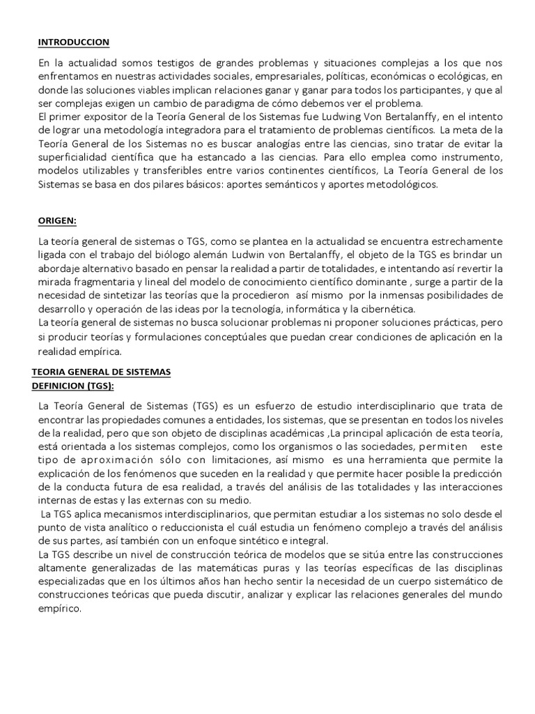Teoria General de Sistema | PDF | Teoría de sistemas | Sistema