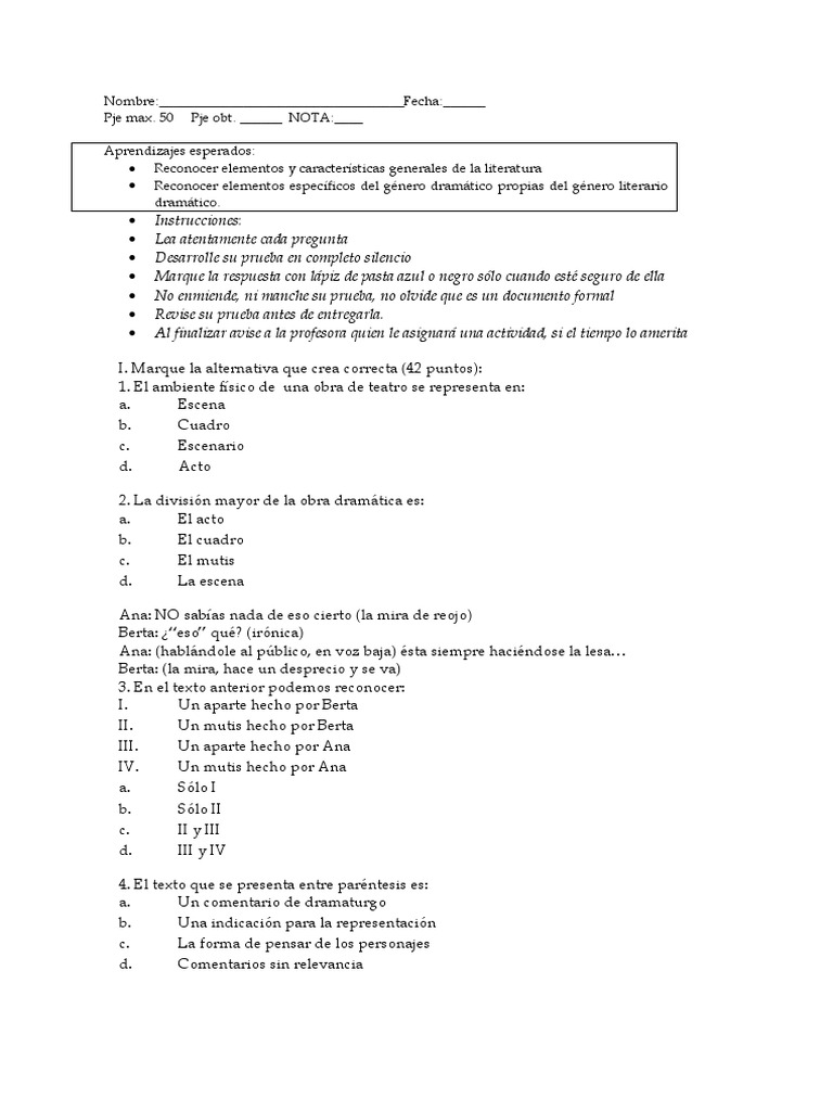 Prueba Genero Dramatico | PDF | Teatro | Entretenimiento (general)