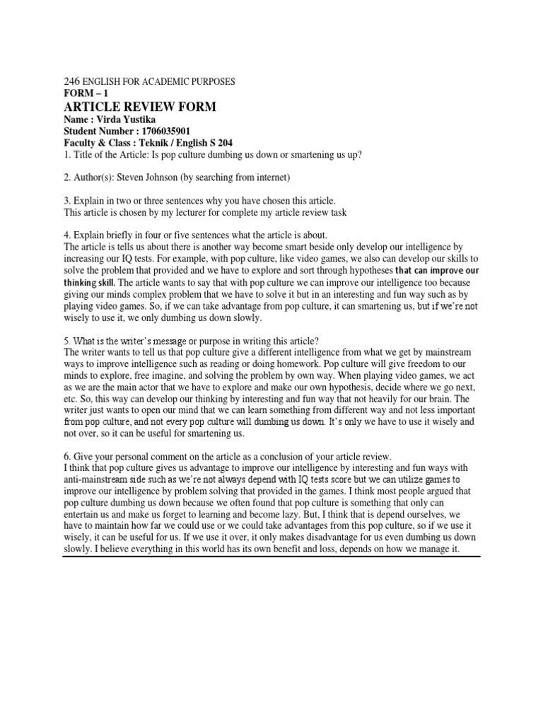 Article Review Form: Form - 1 Name: Virda Yustika Student Number ...