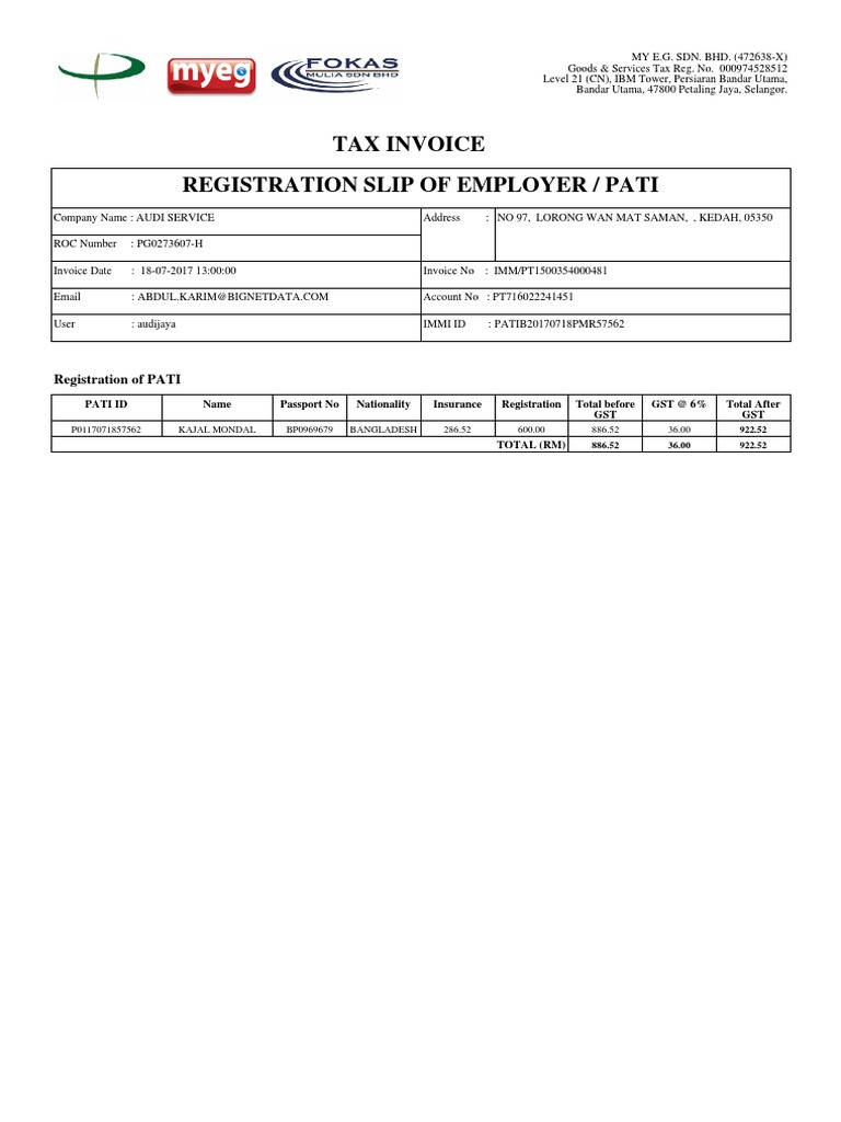 Tax Invoice Registration Slip of Employer / Pati | PDF